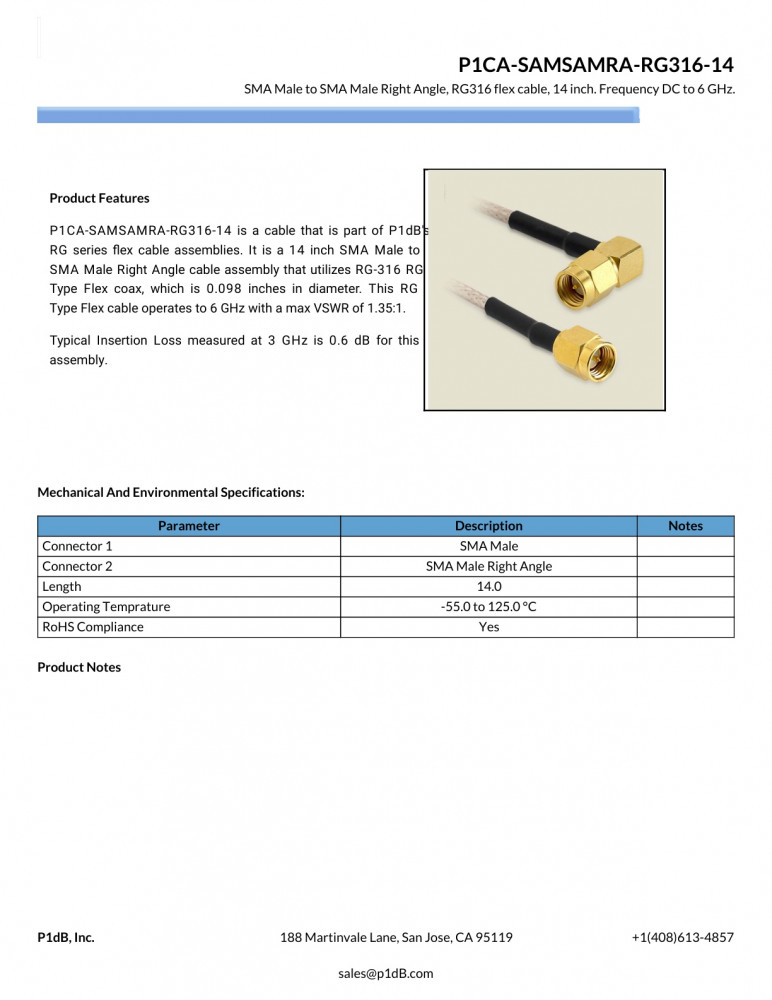 P1CA-SAMSAMRA-RG316-14 cable assembly product visual