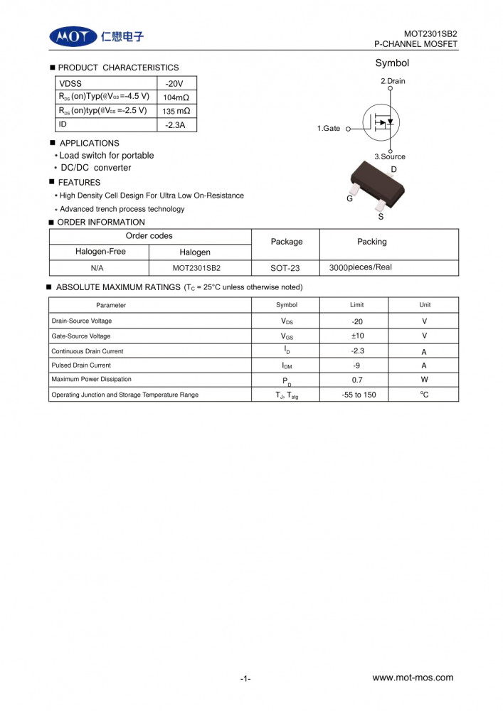 MOT2301SB2 datasheet page 1