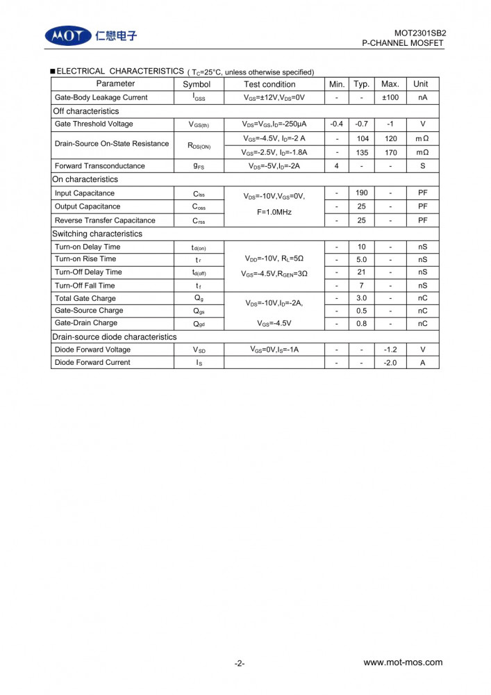 MOT2301SB2 datasheet page 2