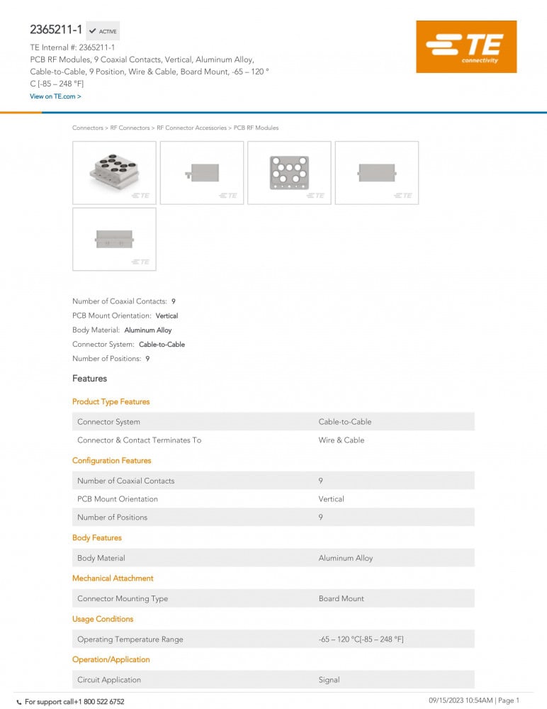 TE Connectivity 2365211-1 technical document page 1