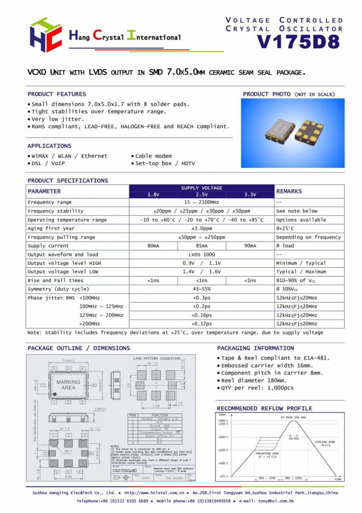 HCI V175D8-100.000J33DT1LL technical document page