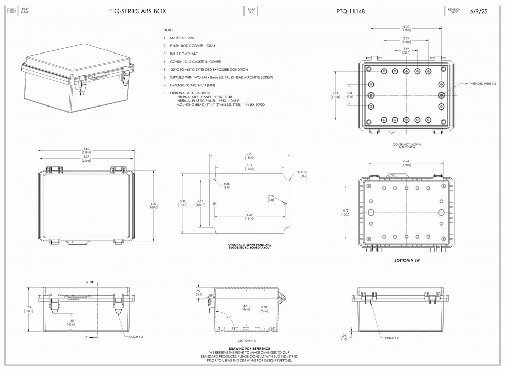 PTQ-11148 product drawing showing enclosure views and technical details