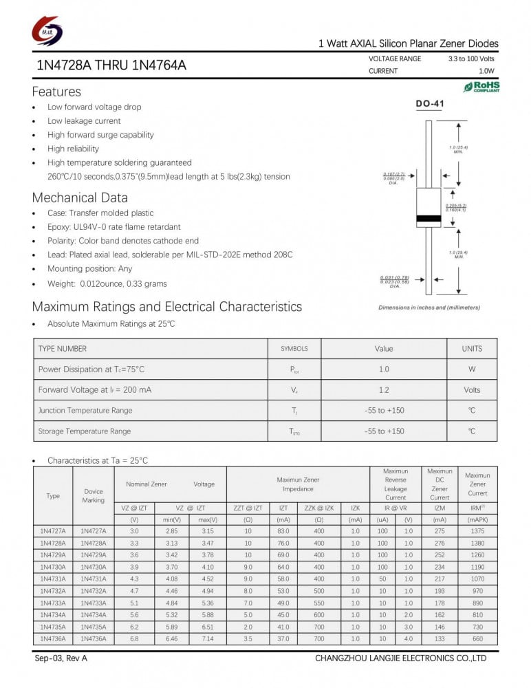 1N4741A datasheet page 1