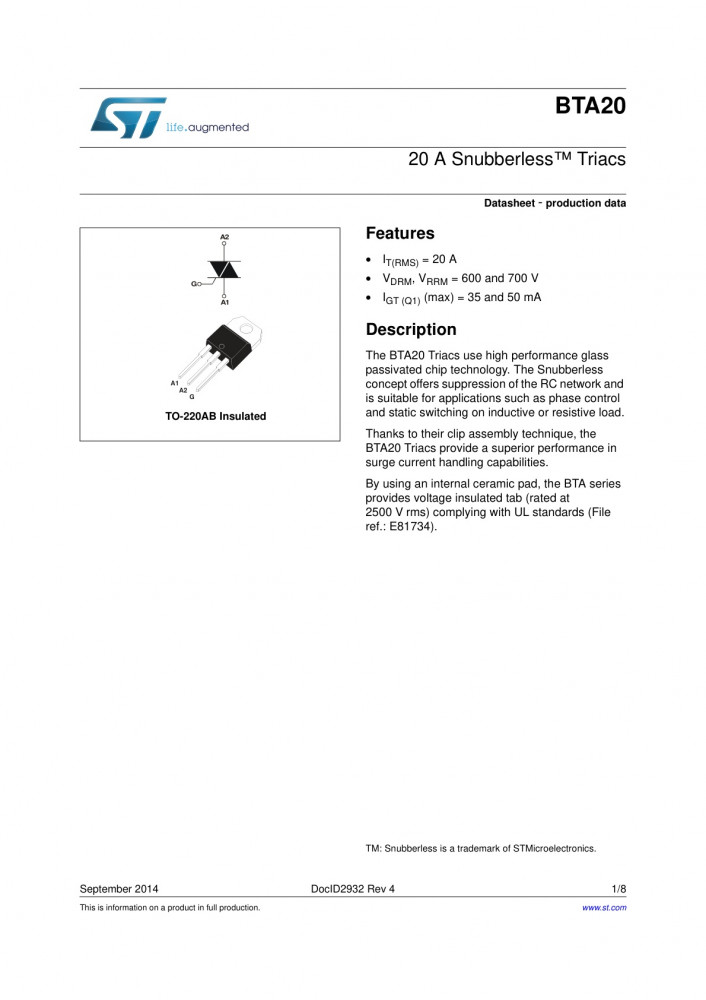 BTA20-700CWRG datasheet page 1