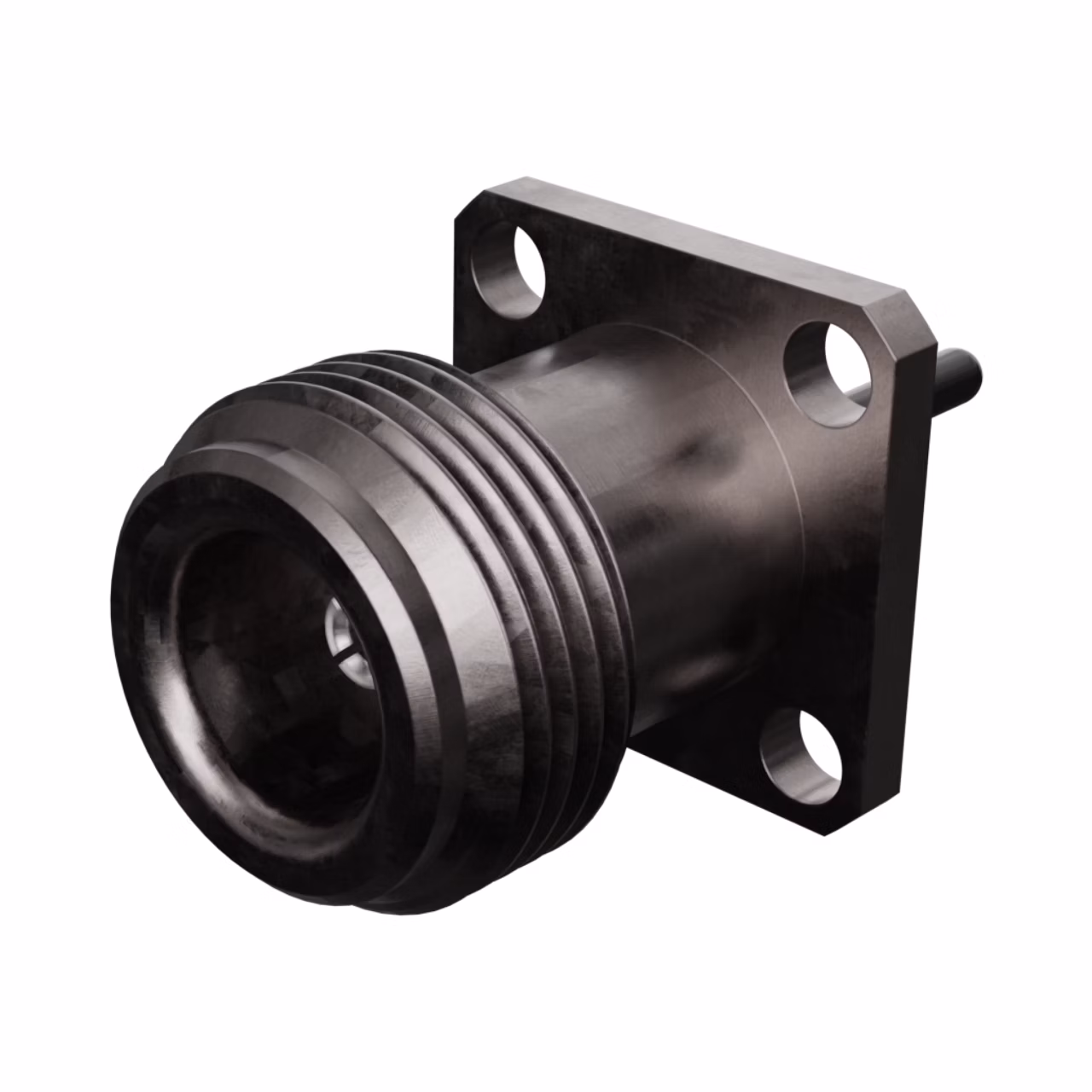N Jack, Straight, 4-Hole Flange Mount, Brass Body, Tri-Metal Plated, Candlestick Contact, 8.00mm Length, 50 Ohms for sale