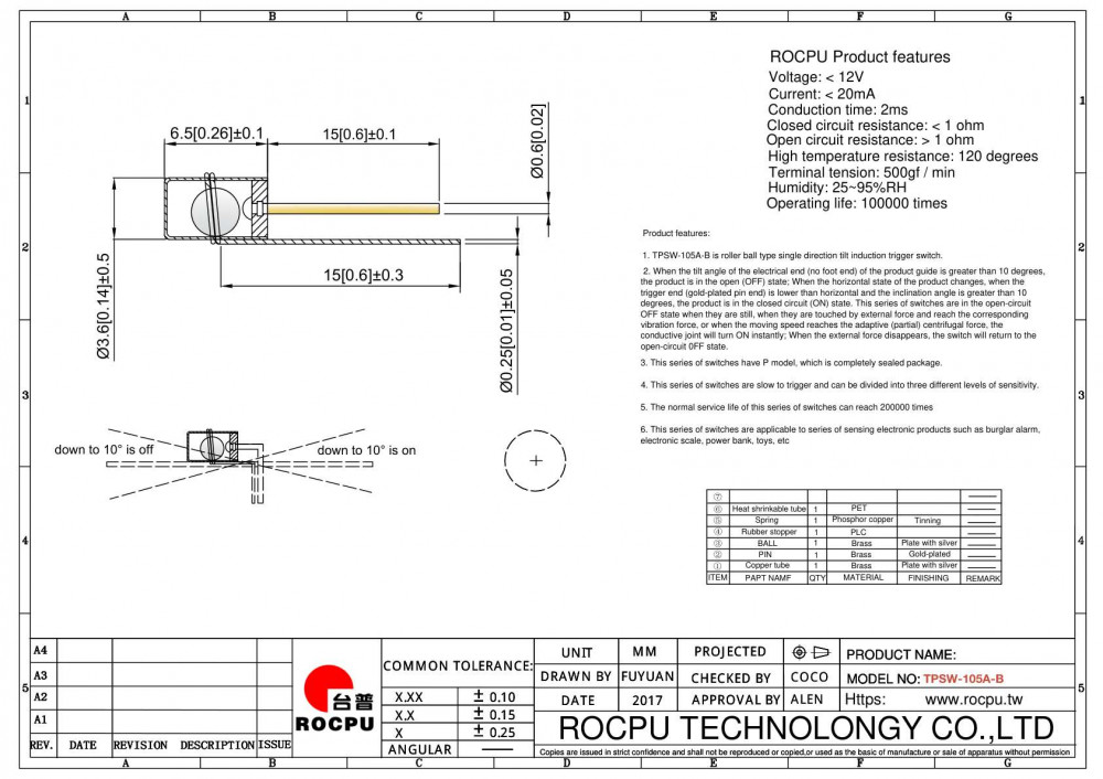 ROCPU TPSW-105A-B technical drawing and product specification