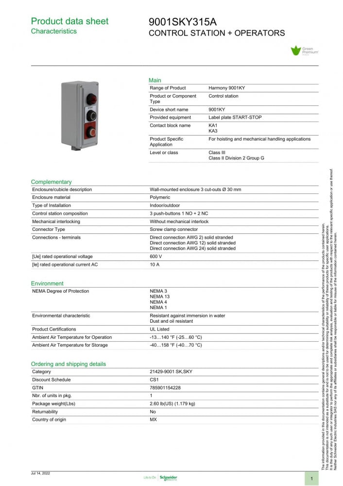 9001SKY315A technical document page 1