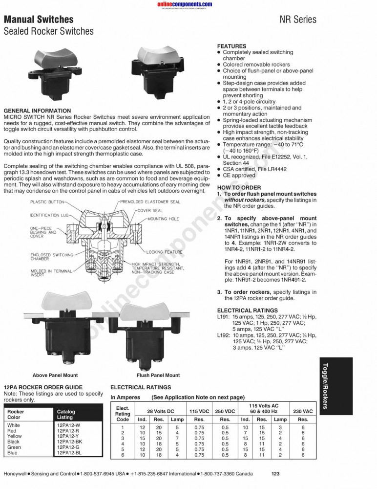 Honeywell NR rocker switch documentation page 1
