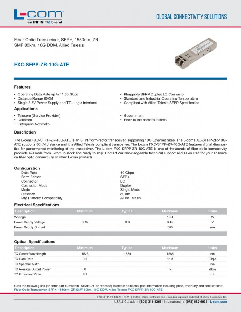 FXC-SFPP-ZR-10G-ATE datasheet page 1