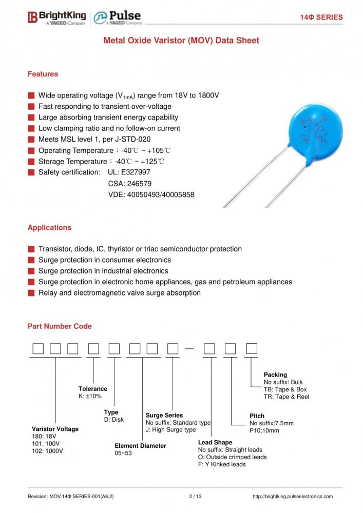 BrightKing MOV datasheet page 1