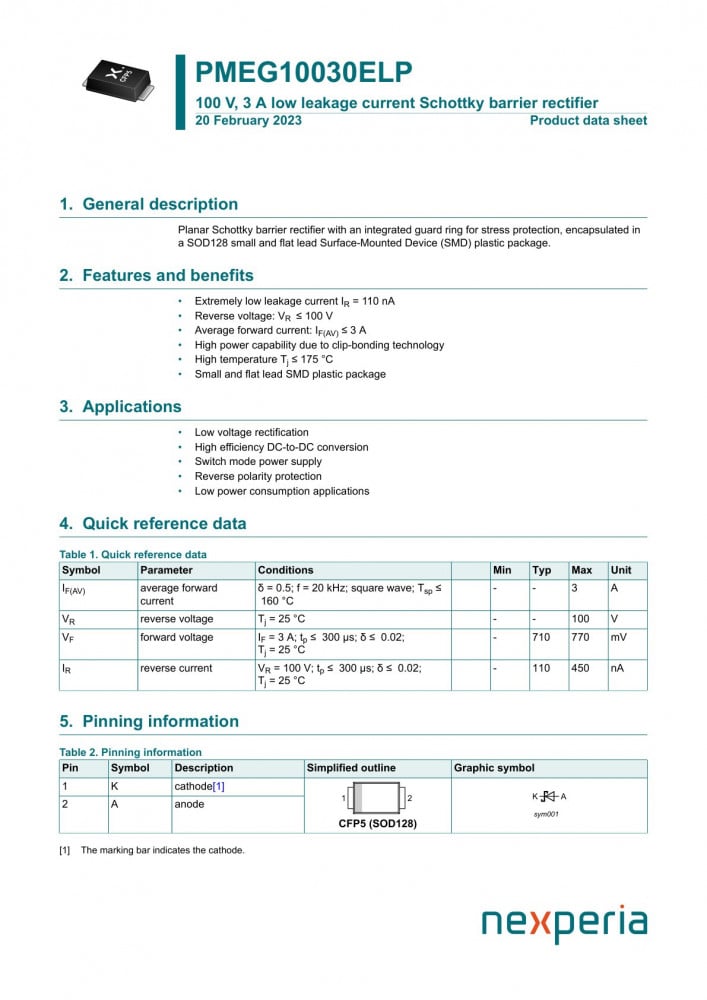 PMEG10030ELPX technical document page 1