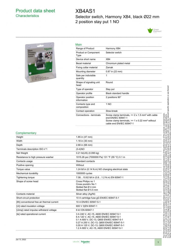 XB4AS1 technical document page 1