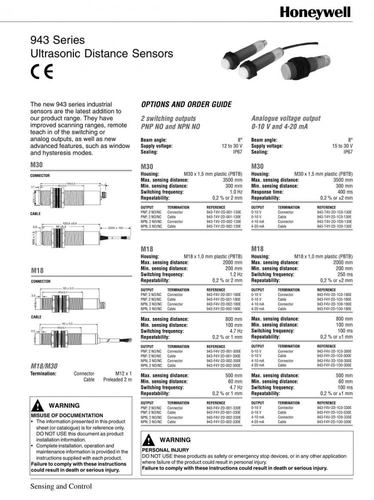 Honeywell 943 Series ultrasonic distance sensor document page 1
