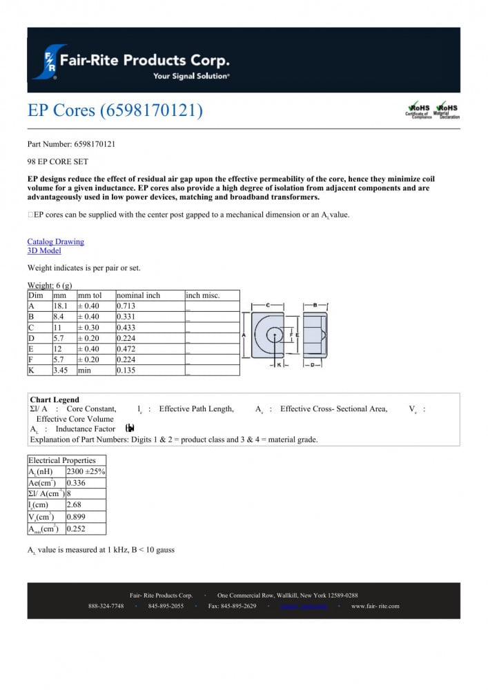 Fair-Rite 6598170121 98 EP core set catalog drawing
