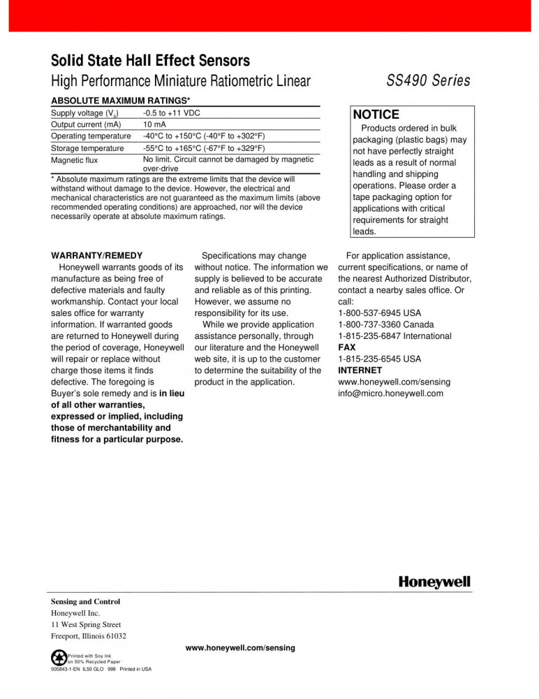 Honeywell SS495A datasheet page 5