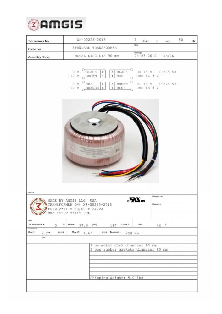 XF-00225-2015 technical drawing and marking sheet