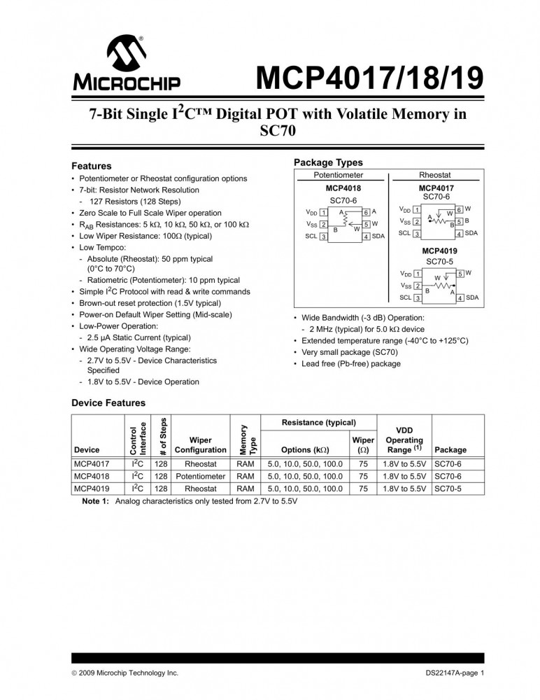 MCP4017 datasheet page 1