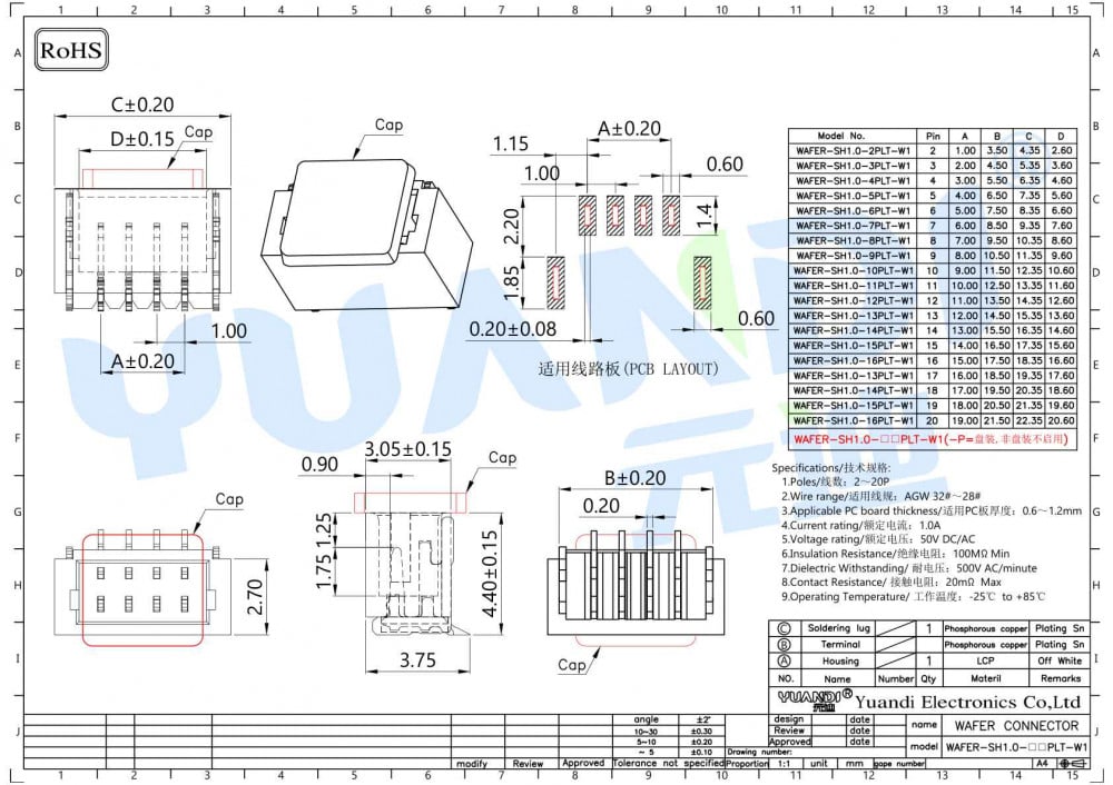 Yuandi WAFER-SH1.0 series technical drawing