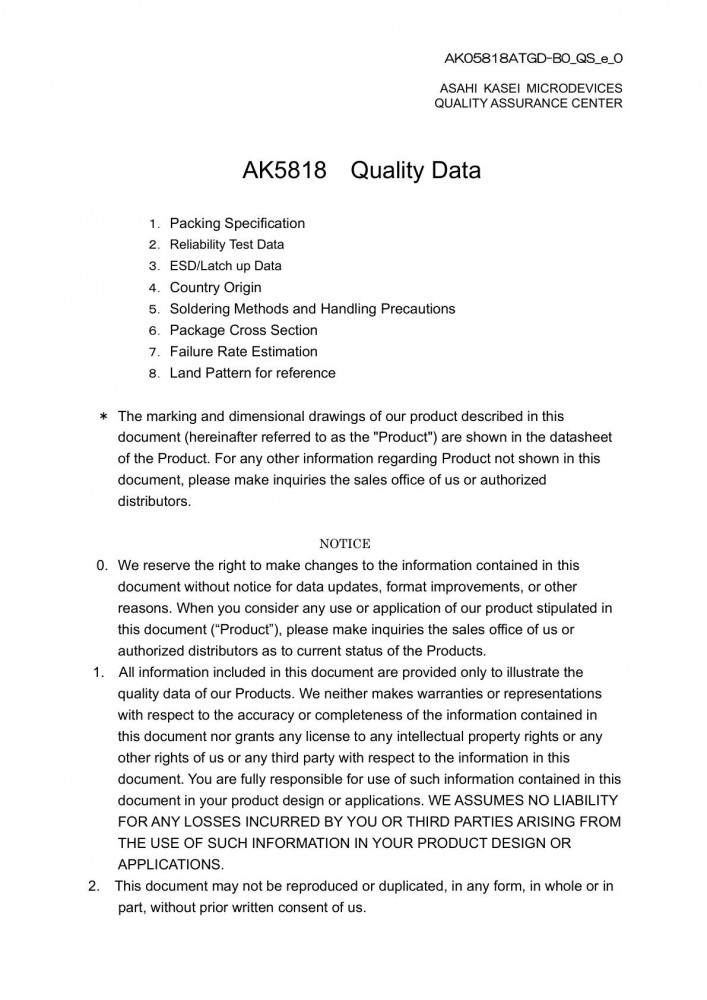AK5818 quality data document page 1