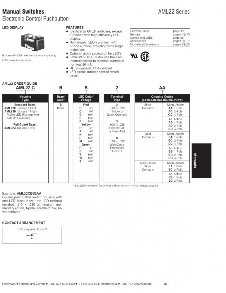 Honeywell AML21 and AML22 LED and contact documentation page