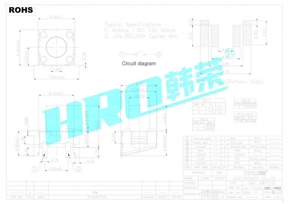 K2-1102HD-H4SW-01 tactile switch technical drawing