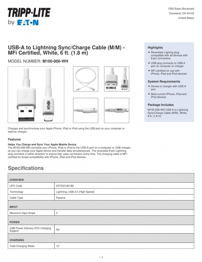 M100-006-WH technical document page 1