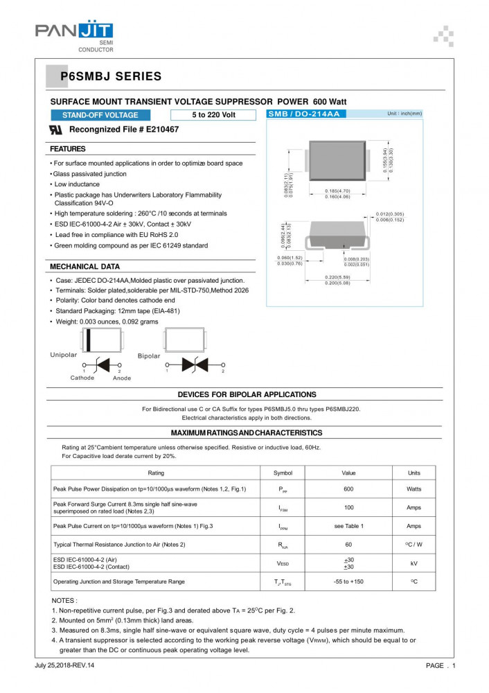 PANJIT P6SMBJ series datasheet page 1