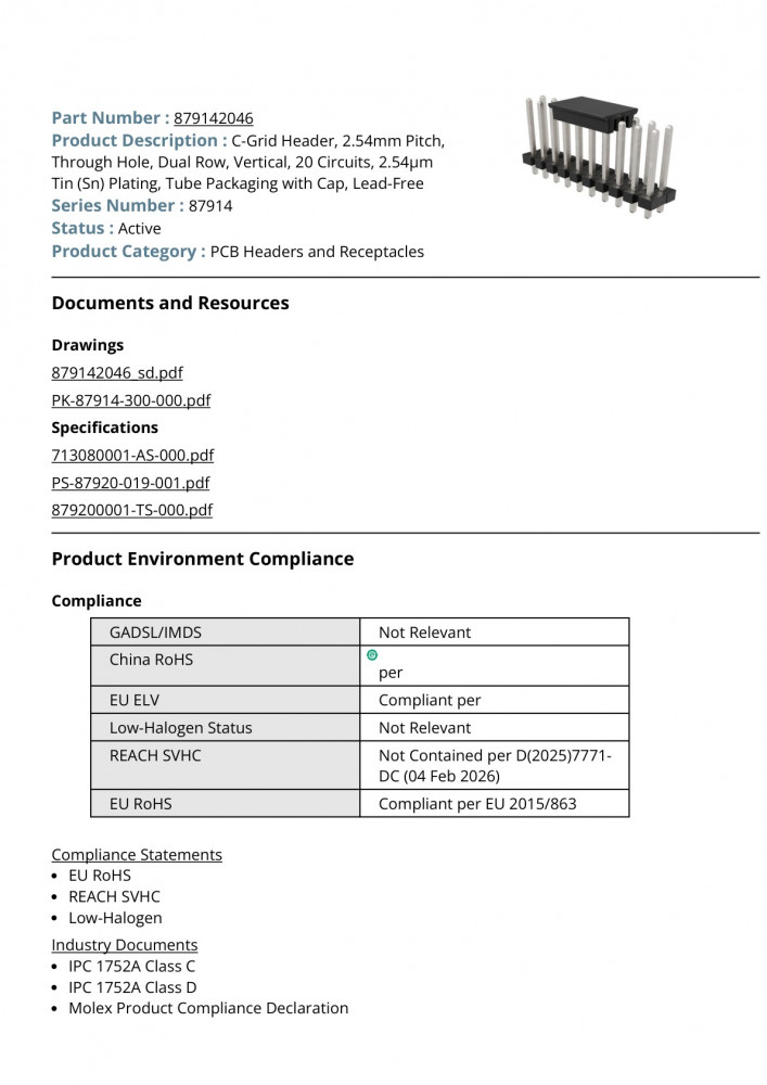 Technical document page 1 for MOLEX 879142046