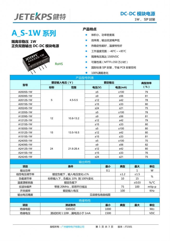 A0512S-1W datasheet page 1