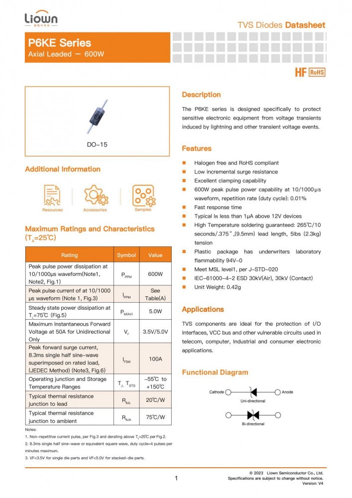 Liown P6KE33CA datasheet page 1