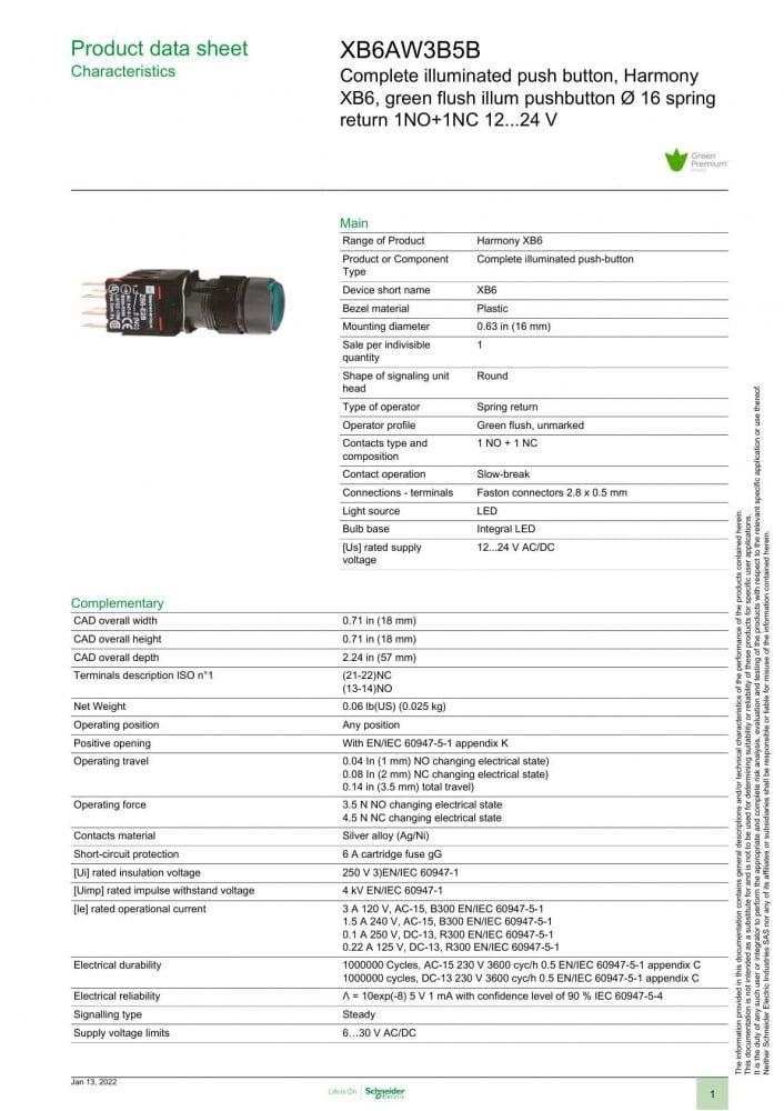 XB6AW3B5B technical document page 1