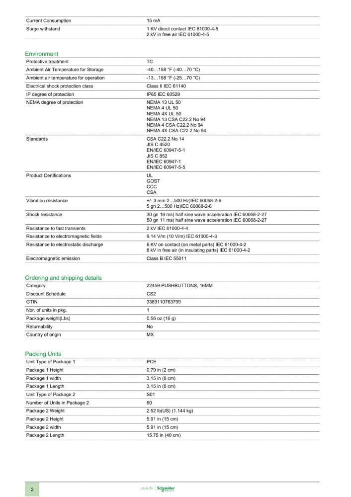 XB6AW3B5B technical document page 2