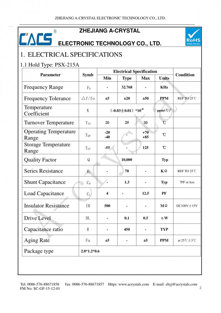 PSX215A specification document, page 2