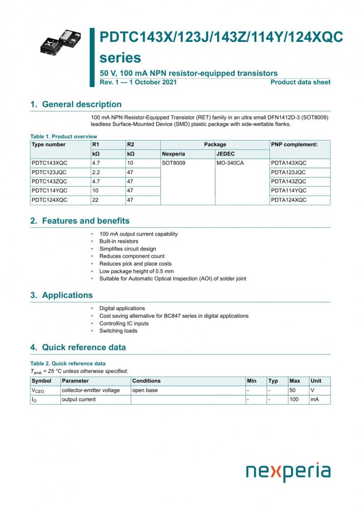 PDTC114YQCZ datasheet page 1