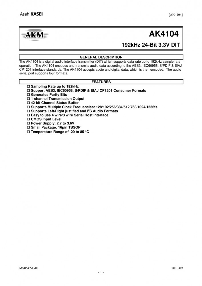 AK4104 technical document page 1