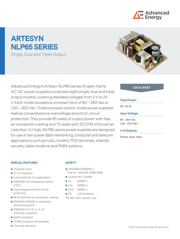 Artesyn NLP65 series datasheet page 1