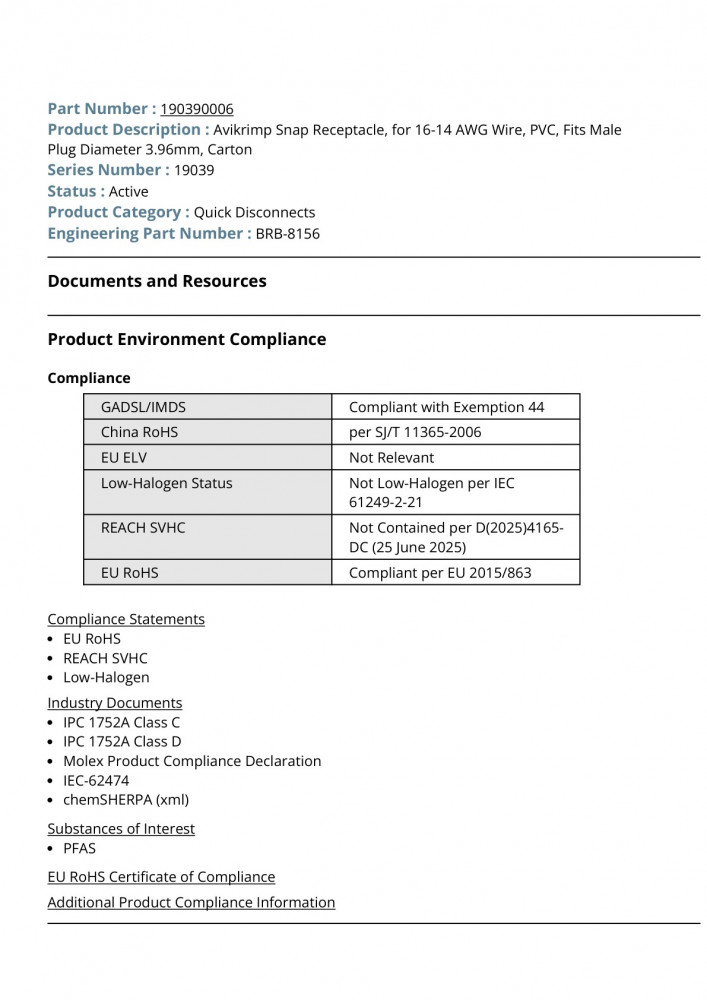 190390006 product document image, page 1