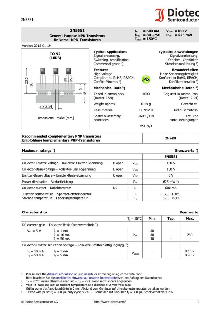 DIOTEC 2N5551 datasheet page 1