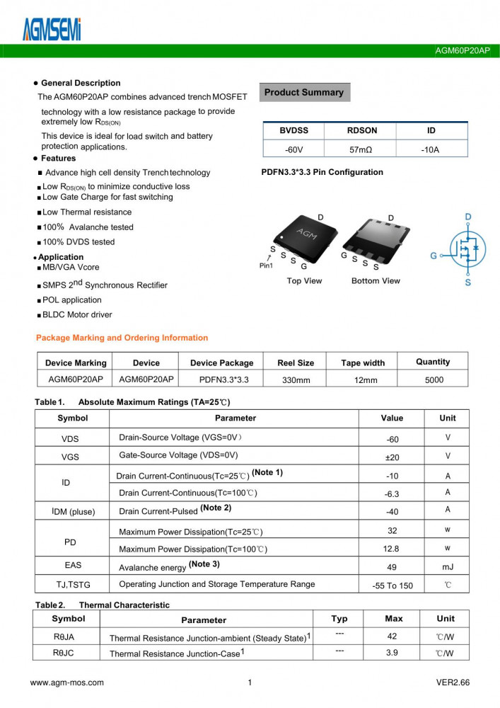 AGM60P20AP datasheet page 1