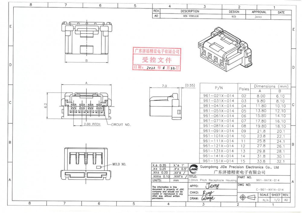 JIDC 961-XX1X-014 receptacle housing drawing page 1