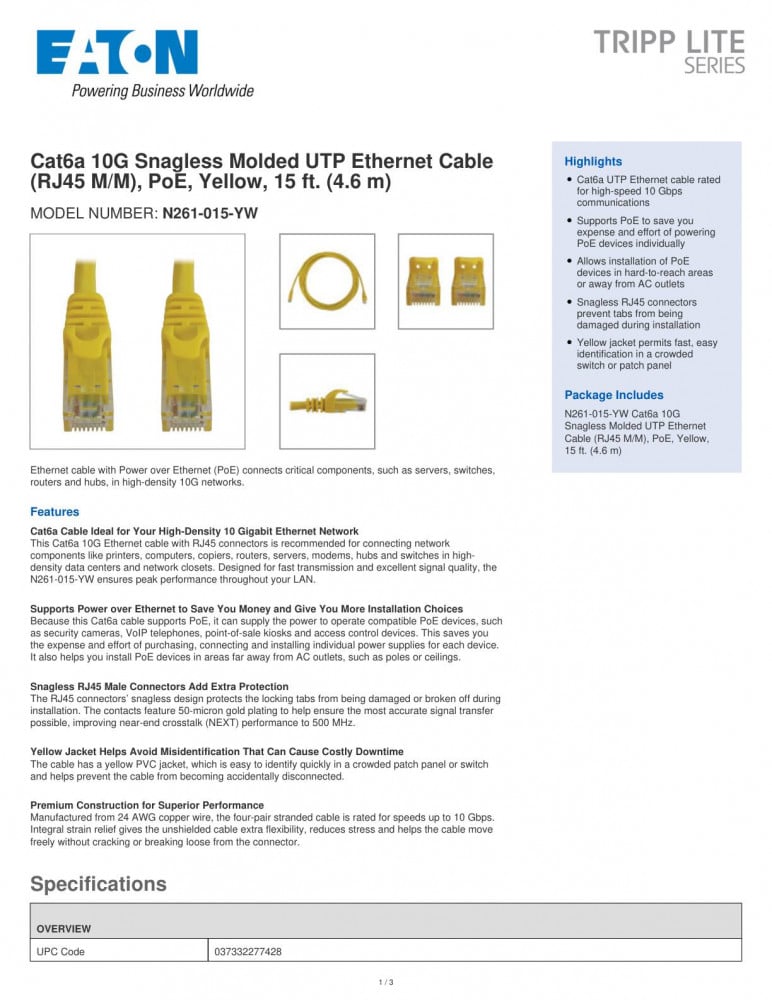 EATON N261-015-YW technical document page 1