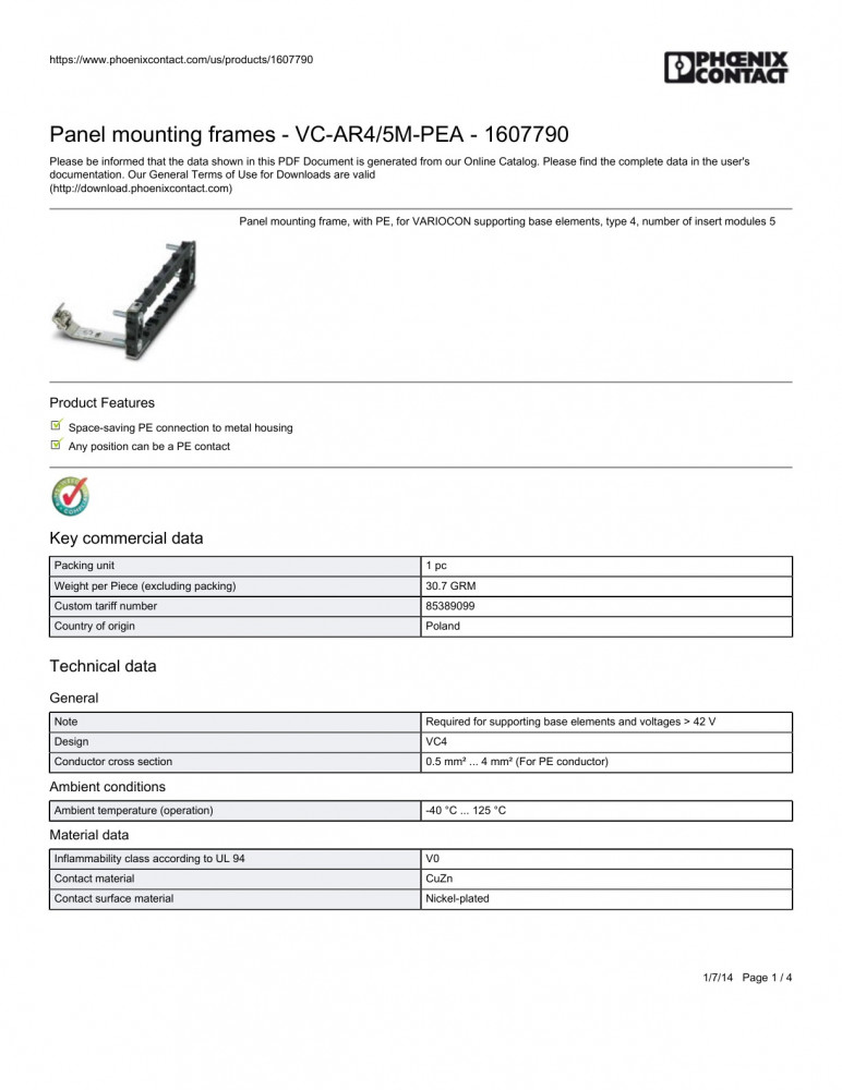 Phoenix Contact 1607790 product drawing or catalog page