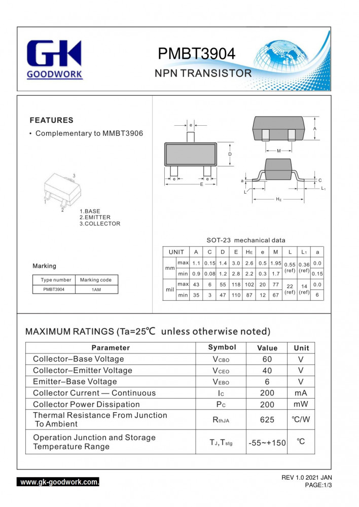PMBT3904-GK technical document page 1