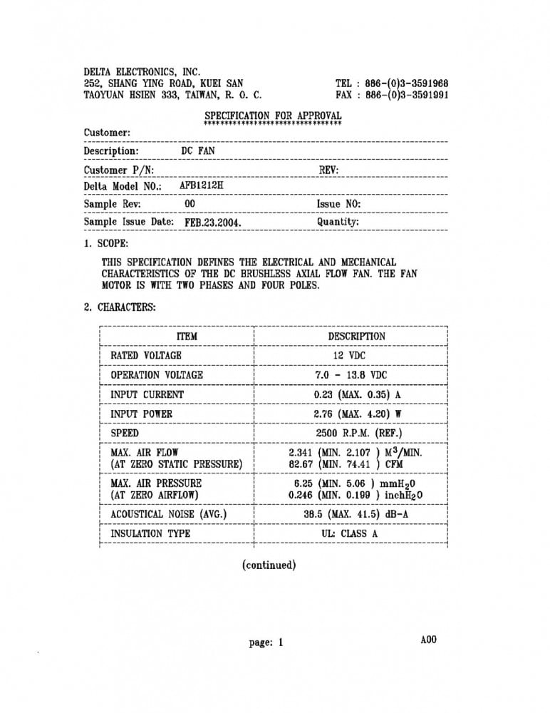 AFB1212SHZVG specification page 1