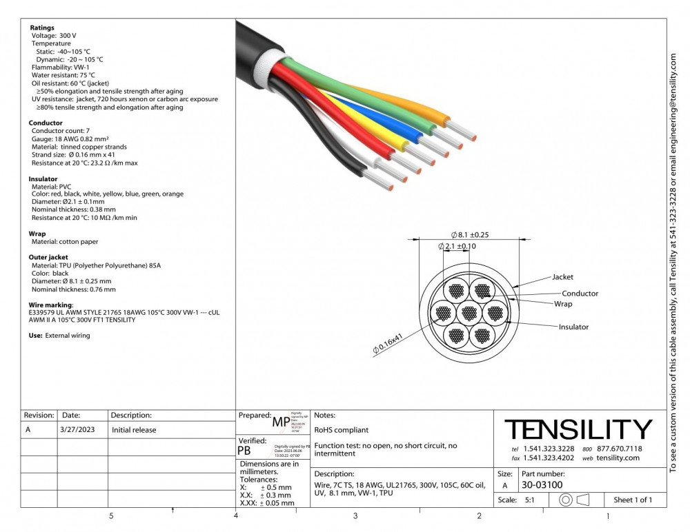 Tensility International 30-03100 cable specification drawing