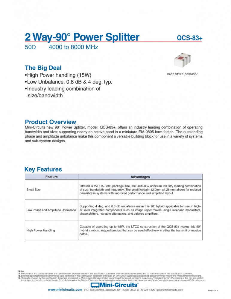 QCS-83+ datasheet page 1