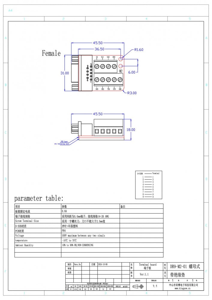 KINGPOW DB9-M2-01 technical drawing preview