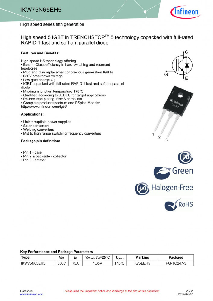 IKW75N65EH5 datasheet page 1