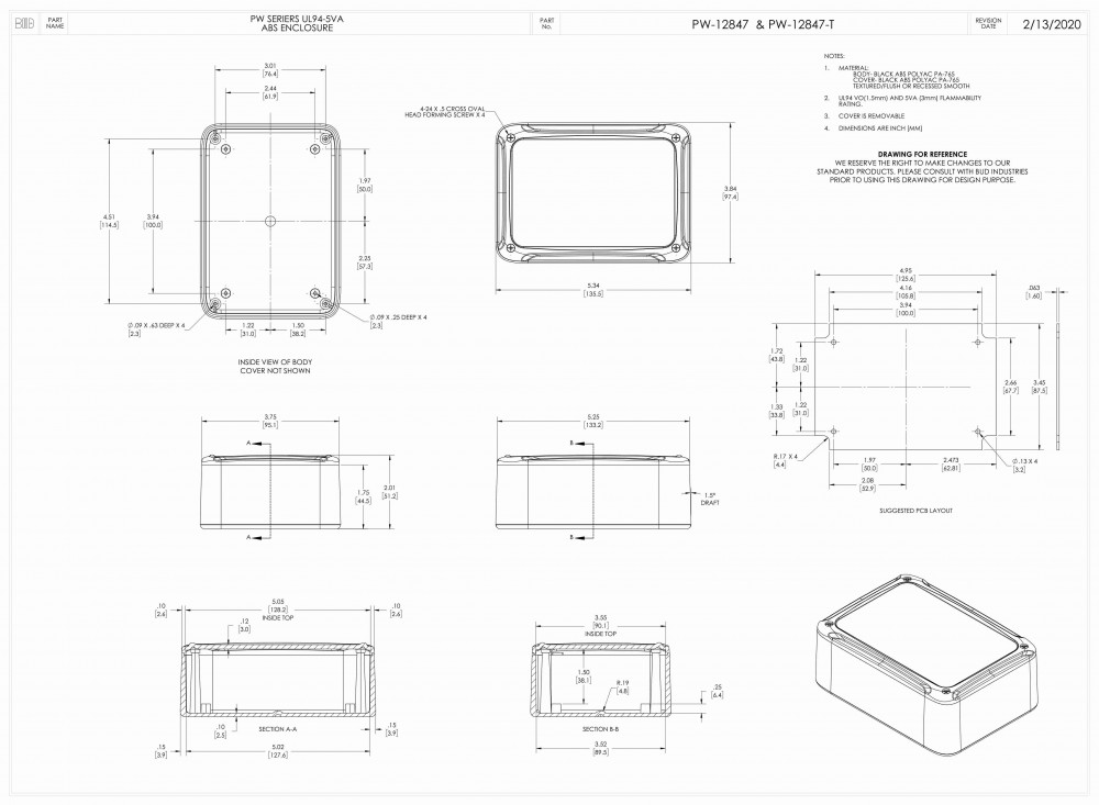 Bud Industries PW-12847 enclosure product drawing