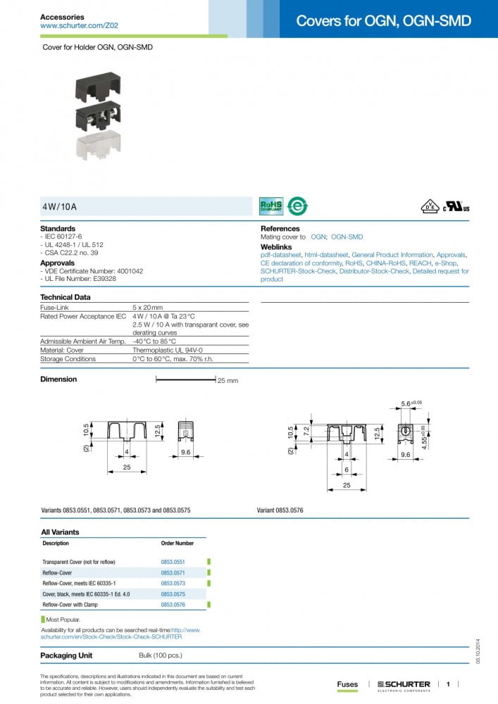 SCHURTER 0853.0576 technical document preview